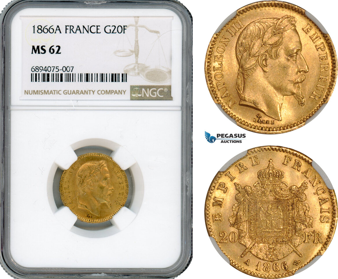 France 20 Francs 1866 NGC MS62 | MA-Shops