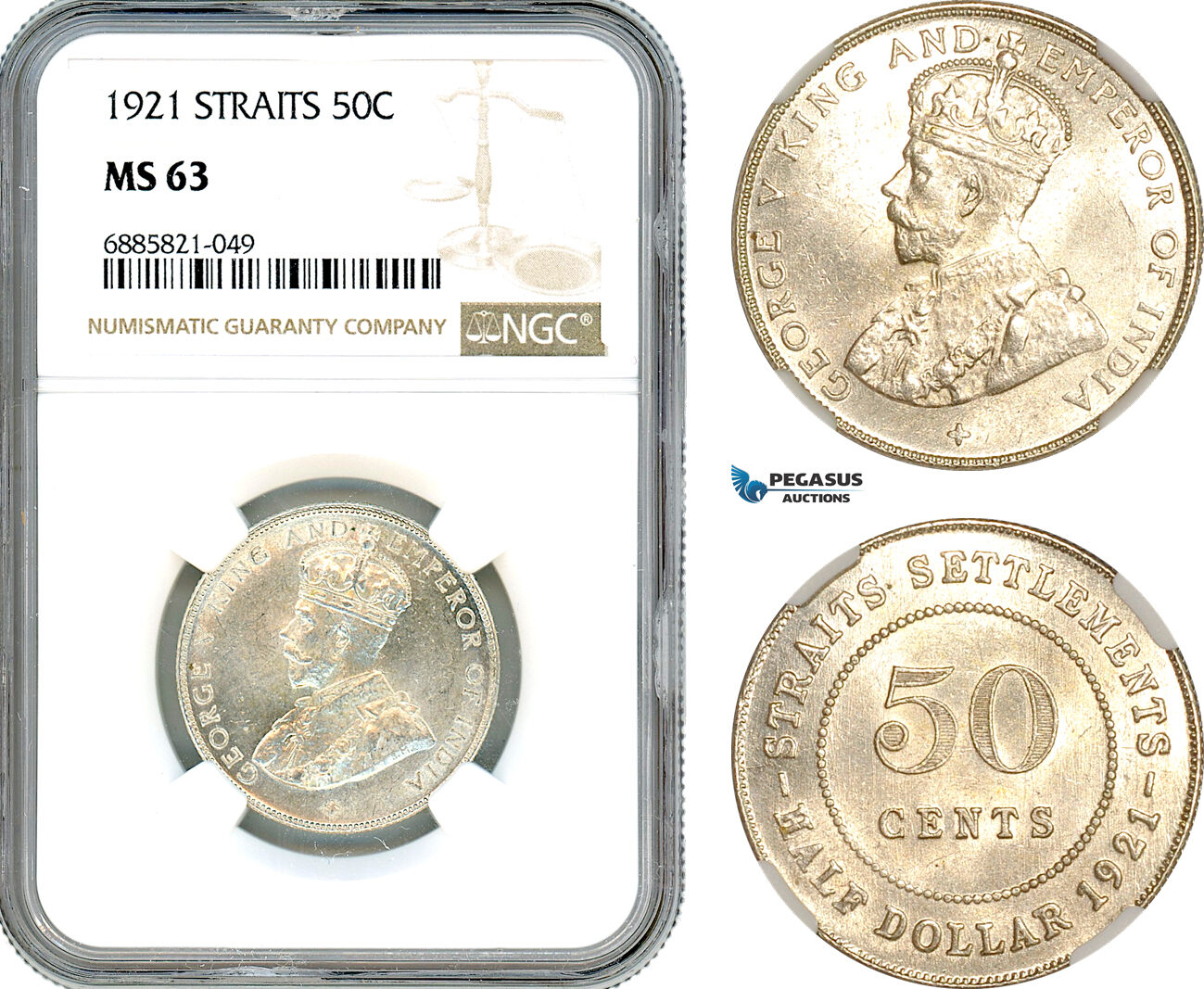 Straits Settlements 50 Cents 1921 NGC MS63 | MA-Shops