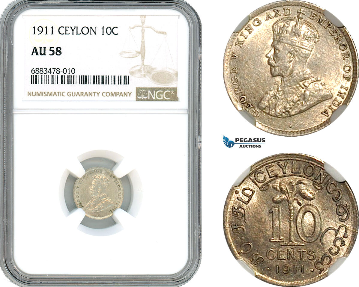 Ceylon 10 Cents 1911 NGC AU58 | MA-Shops