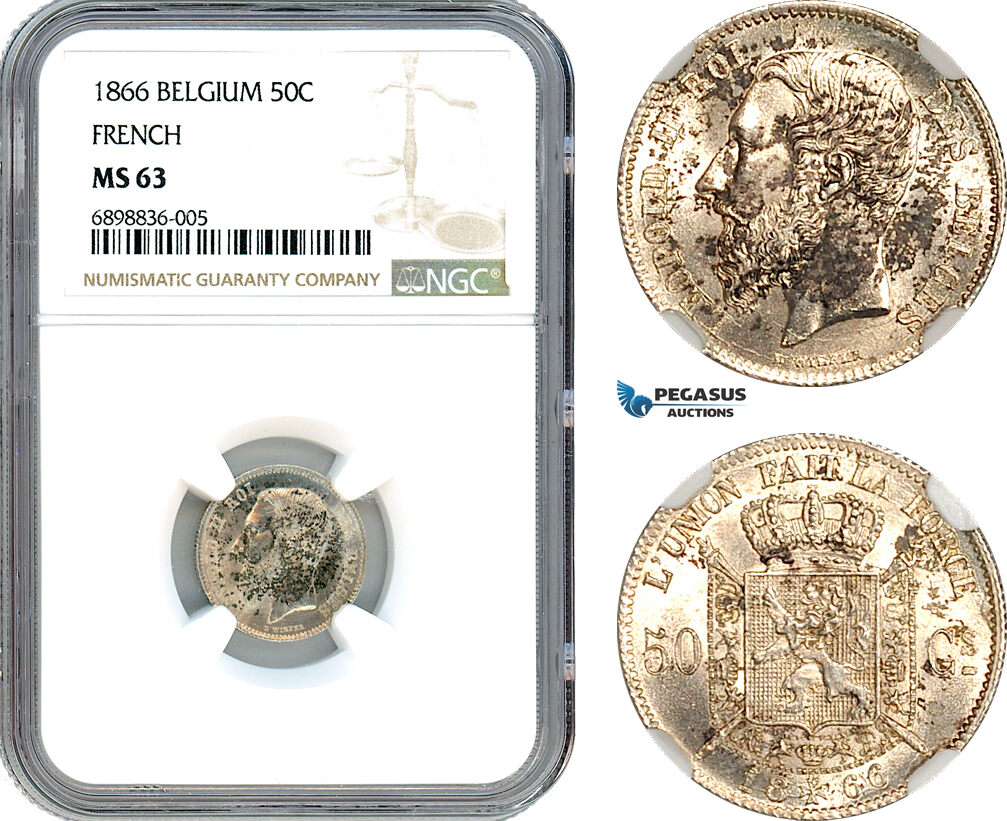 Belgium 50 Centimes 1866 NGC MS63 | MA-Shops