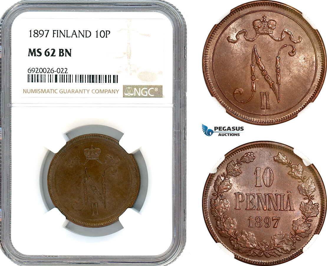 Finland 10 Pennia 1897 NGC MS62BN | MA-Shops