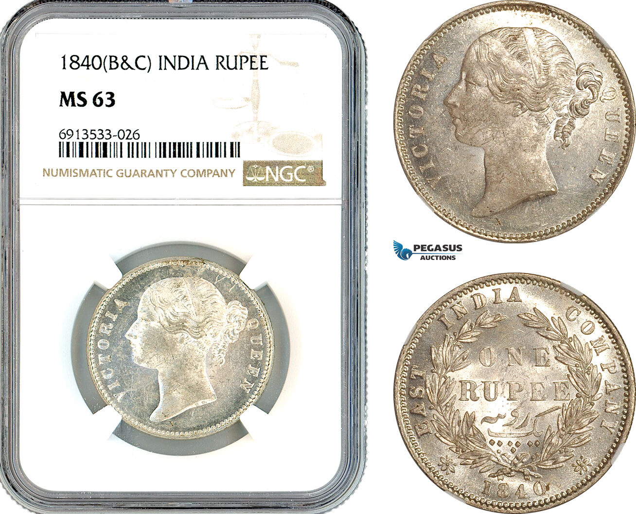 India, British 1 Rupee 1840 NGC MS63 | MA-Shops