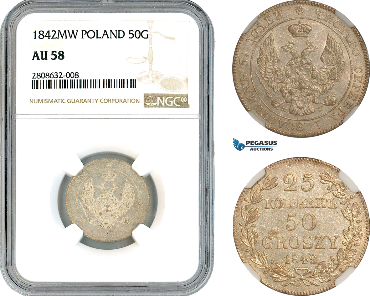 Poland 50 Groszy (25 Kopeks) 1842 NGC AU58 | MA-Shops