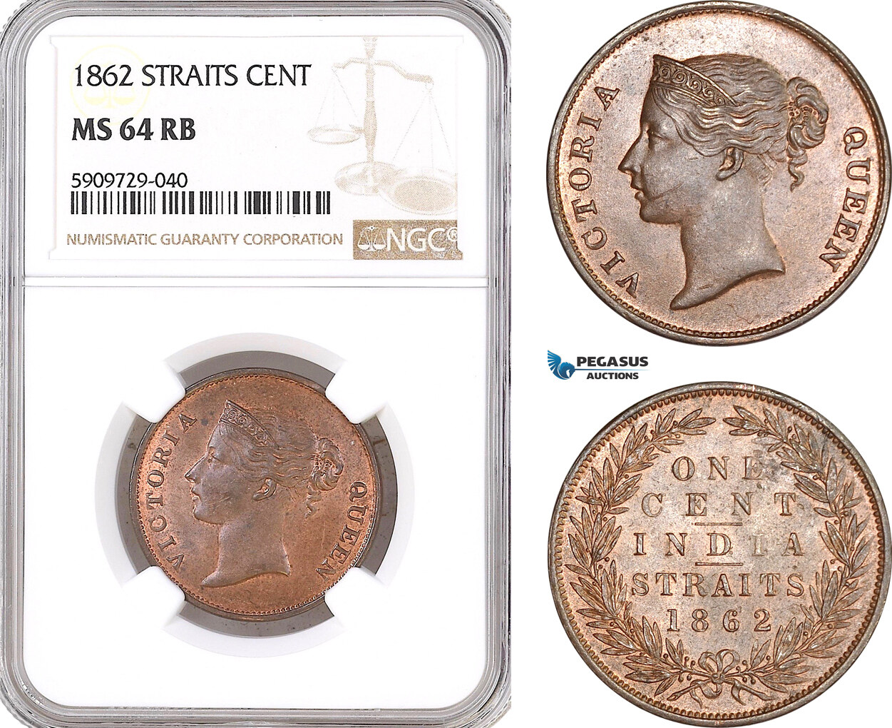 Straits Settlements 1 Cent 1862 NGC MS64RB, Top Pop! | MA-Shops
