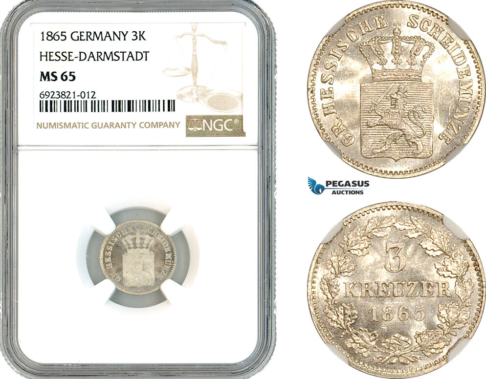 Germany, Hesse Darmstadt 3 Kreuzers 1865 NGC MS65 | MA-Shops