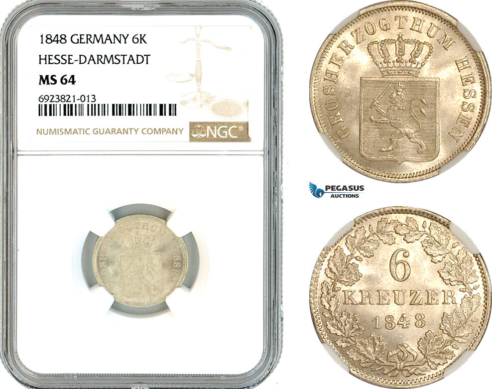 Germany, Hesse Darmstadt 6 Kreuzers 1848 NGC MS64 | MA-Shops