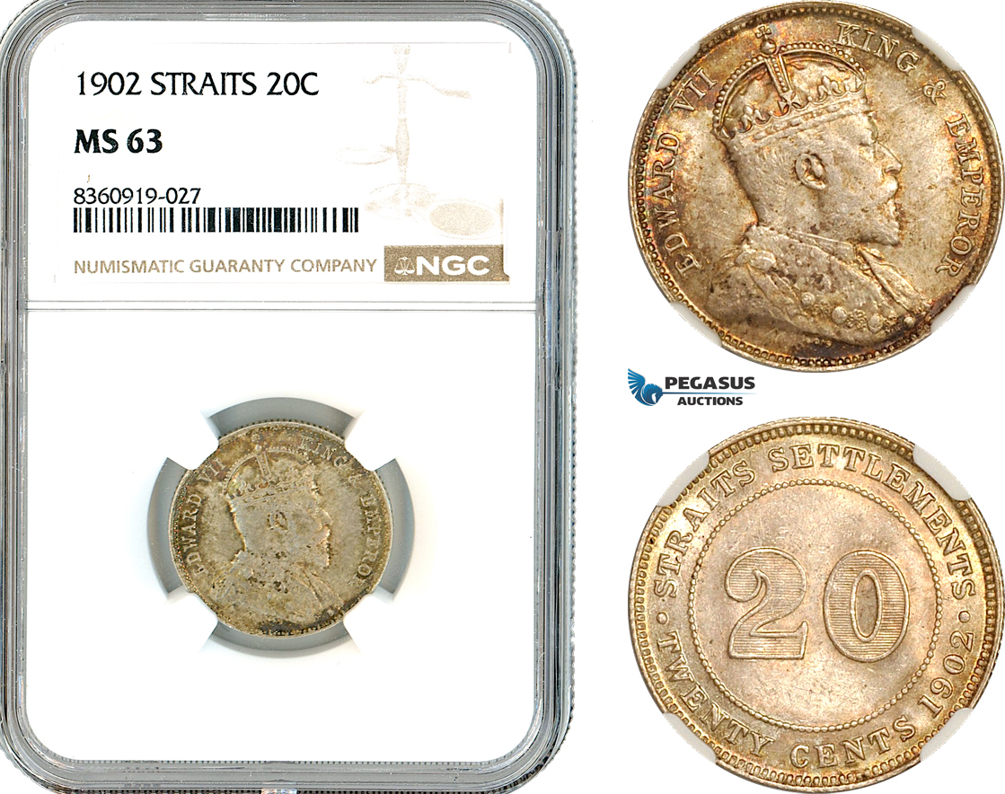 Straits Settlements 20 Cents 1902 NGC MS63 | MA-Shops