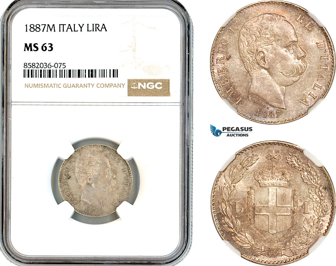 Italy 1 Lira 1887 NGC MS63 | MA-Shops