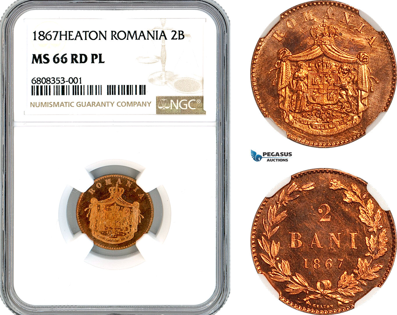 Romania 2 Bani 1867 NGC MS66RD PL, Top Pop! | MA-Shops