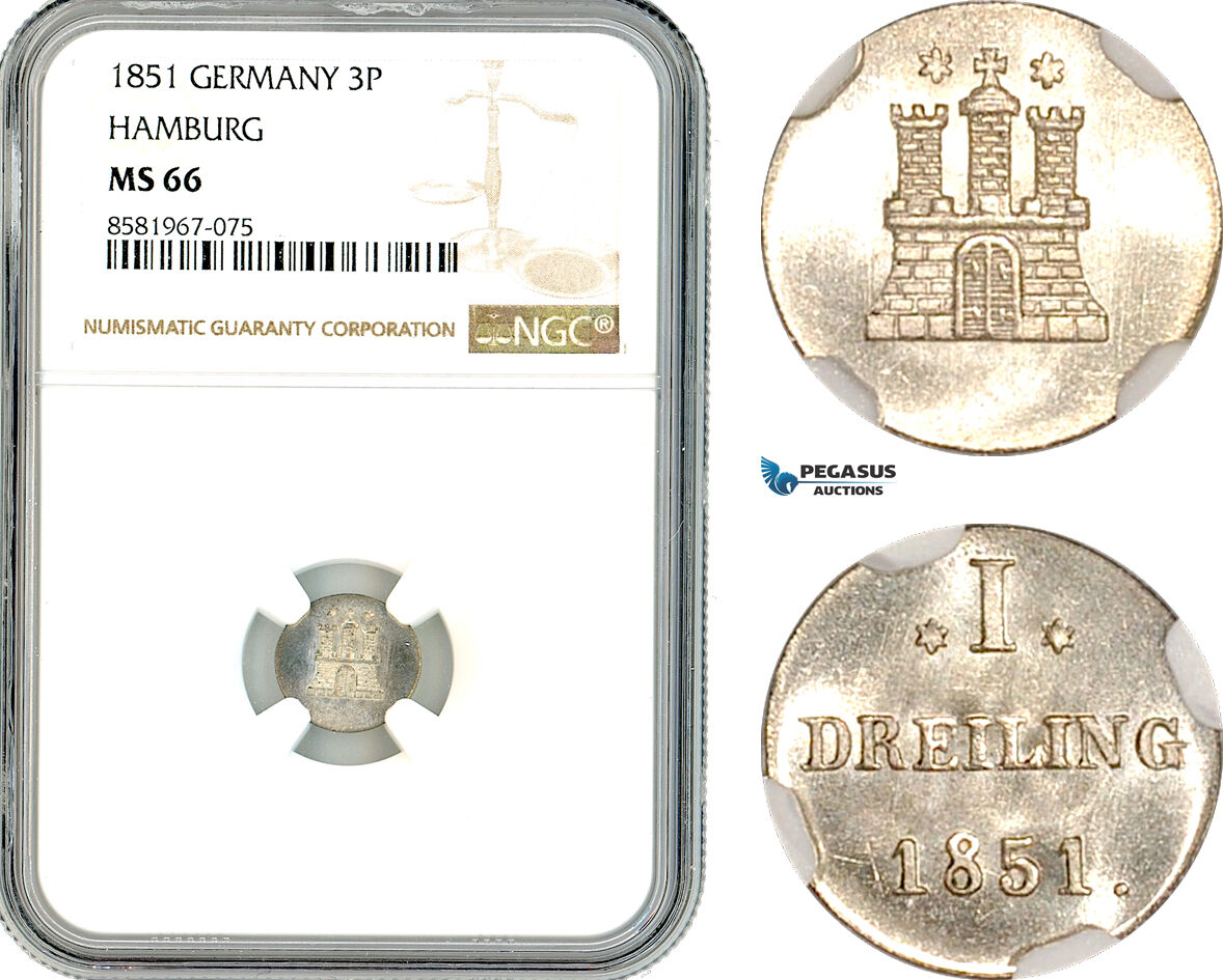 Germany, Hamburg 1 Dreiling 1851 NGC MS66, Top Pop! | MA-Shops