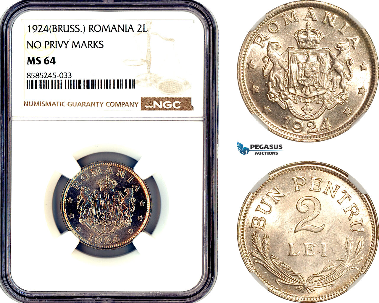 Romania 2 Lei 1924 NGC MS64 | MA-Shops