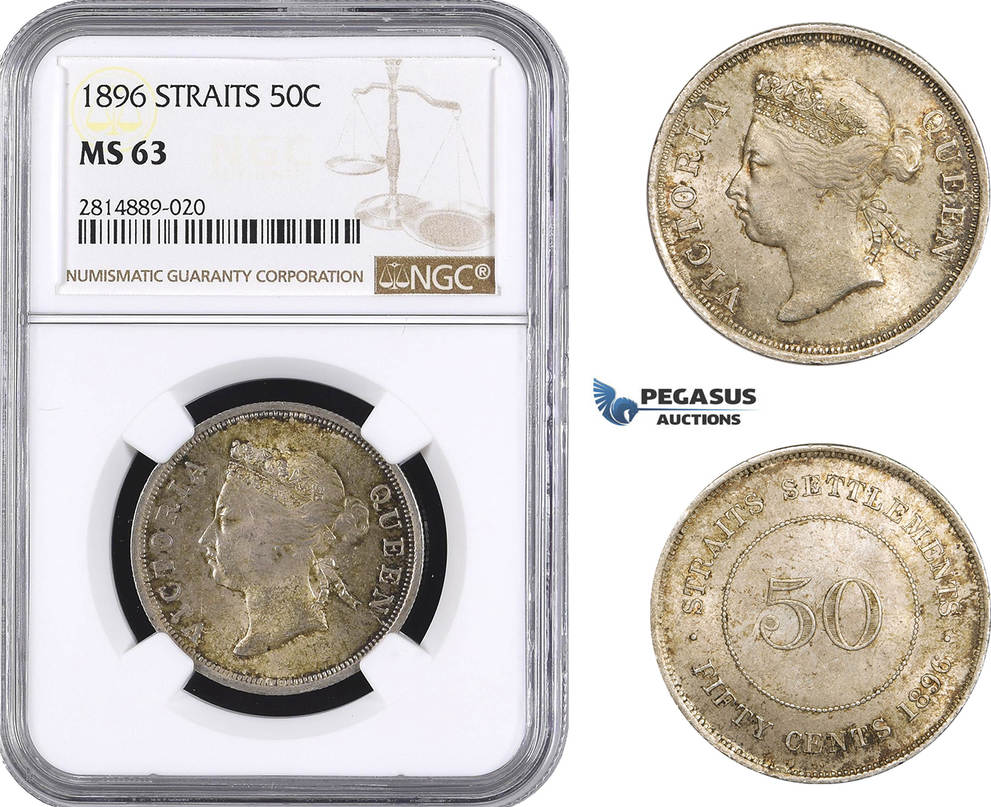 Straits Settlements 50 Cents 1896 Victoria, NGC MS63, Pop 2/0, Very Rare! vz/st | MA-Shops