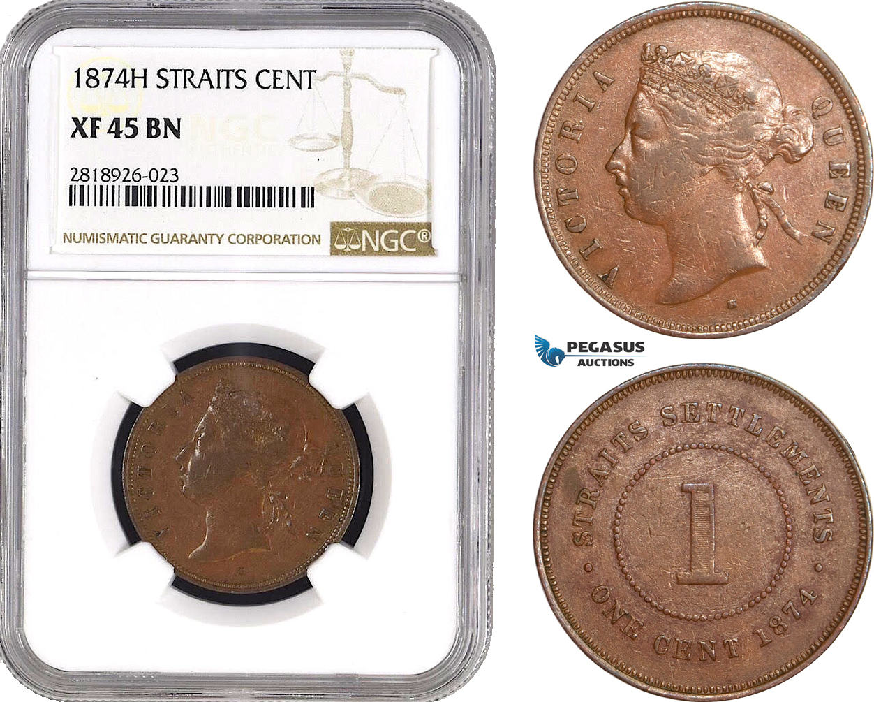 Straits Settlements 1 Cent 1874 Victoria NGC XF45BN | MA-Shops