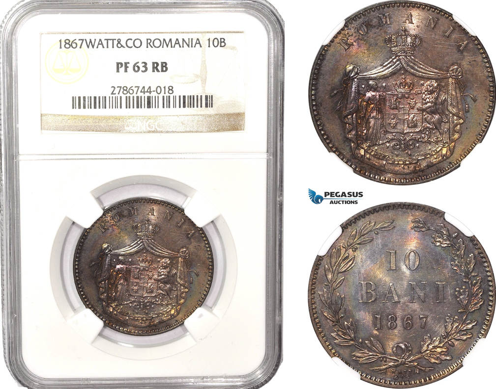 Romania 10 Bani 1867 Carol I, Rare as a Proof NGC PF63BN | MA-Shops