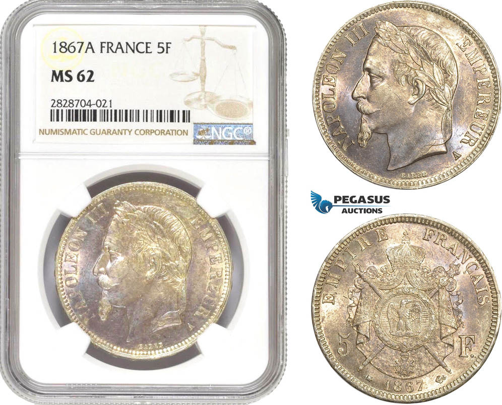 France 5 Francs 1867 Napoleon III NGC MS62 | MA-Shops