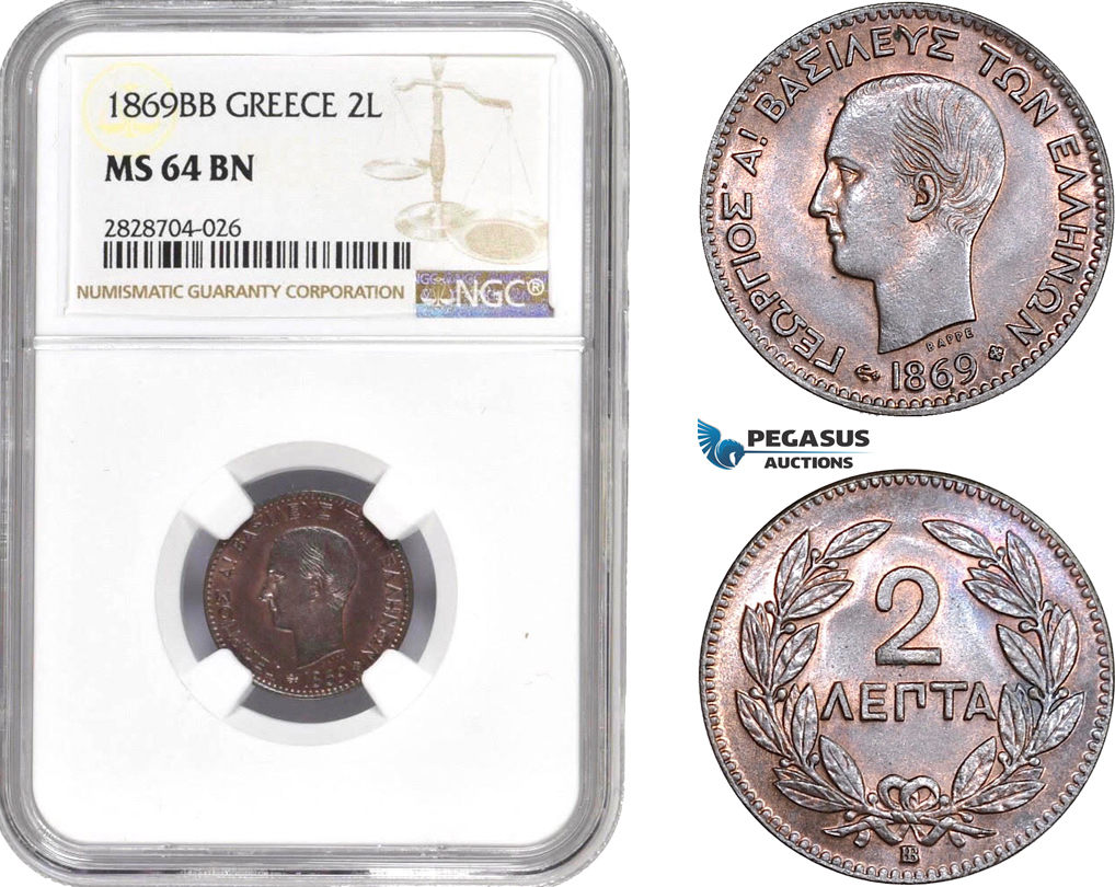 Greece 2 Lepta 1869 George I NGC MS64BN | MA-Shops