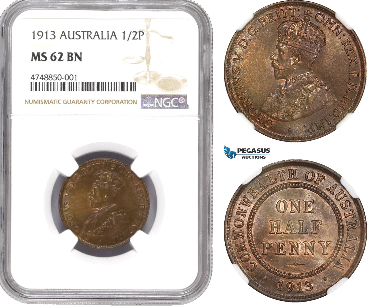 Australia 1/2 Penny 1913 George V NGC MS62BN | MA-Shops