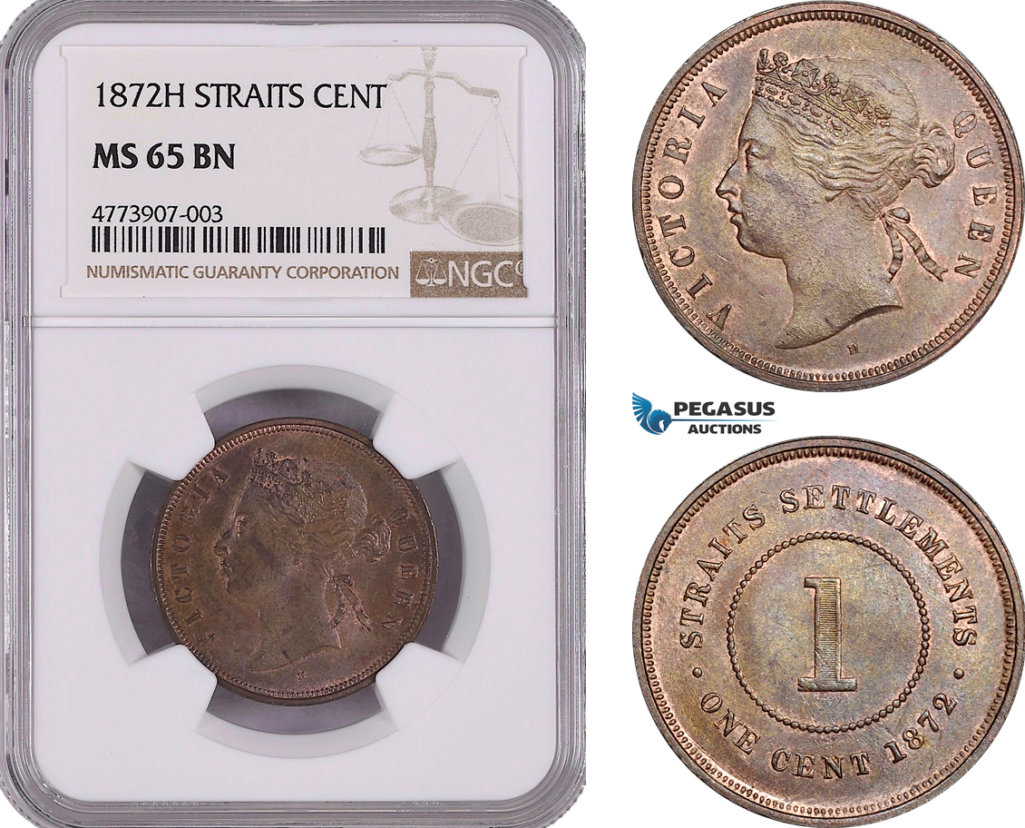 Straits Settlements 1 Cent 1872 Victoria, NGC MS65BN, Pop 1/0, Very Rare! | MA-Shops