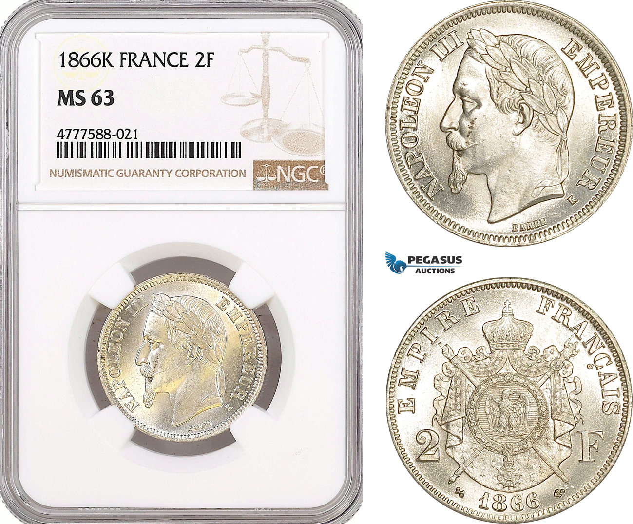 France 2 Francs 1866 Napoleon III NGC MS63 | MA-Shops