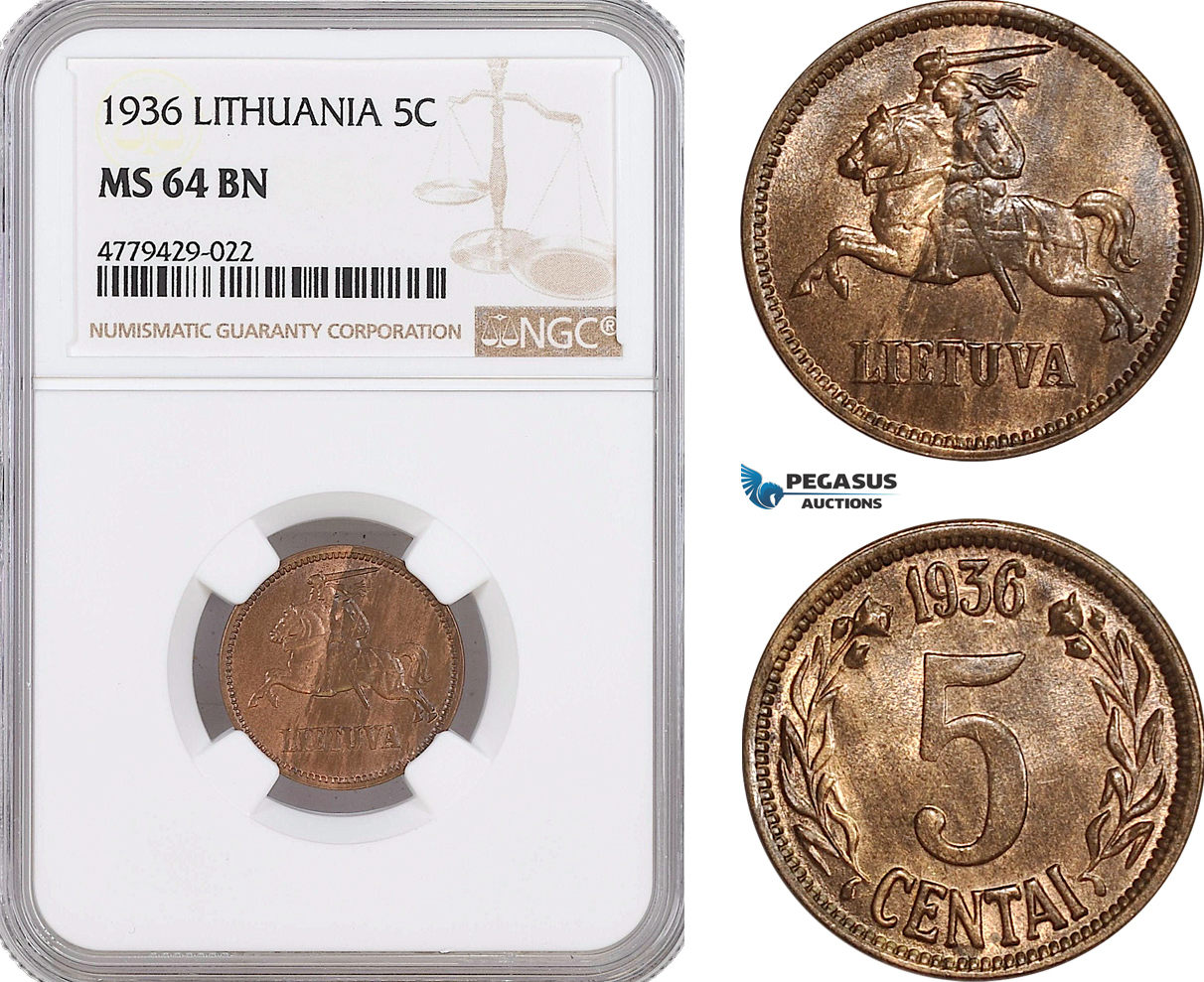Lithuania 5 Centai 1936 NGC MS64BN | MA-Shops