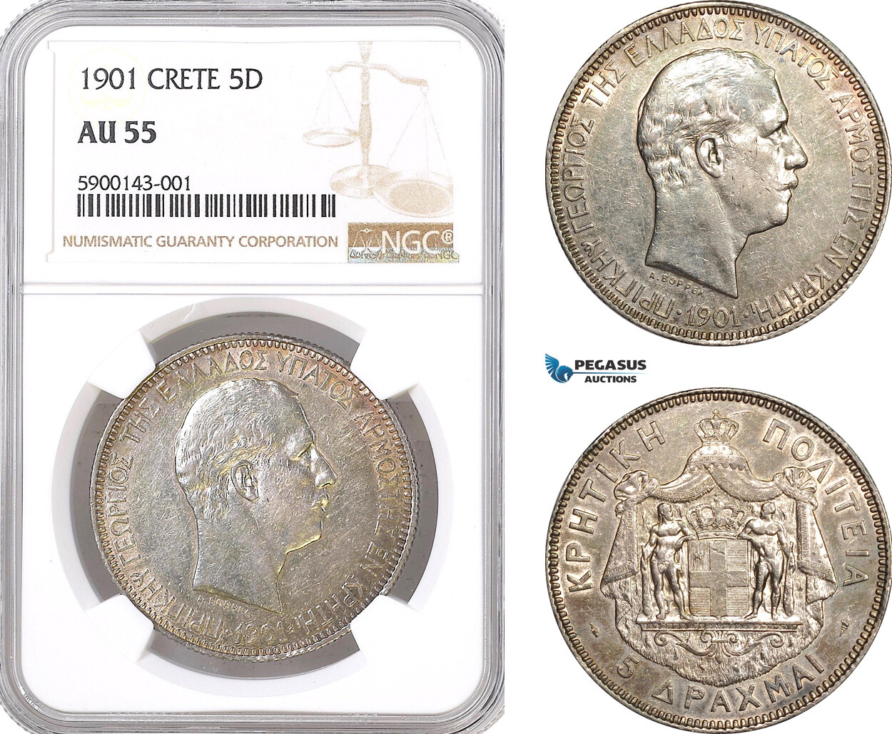 Crete 5 Drachmai 1901 George I. of Greece NGC AU55 | MA-Shops