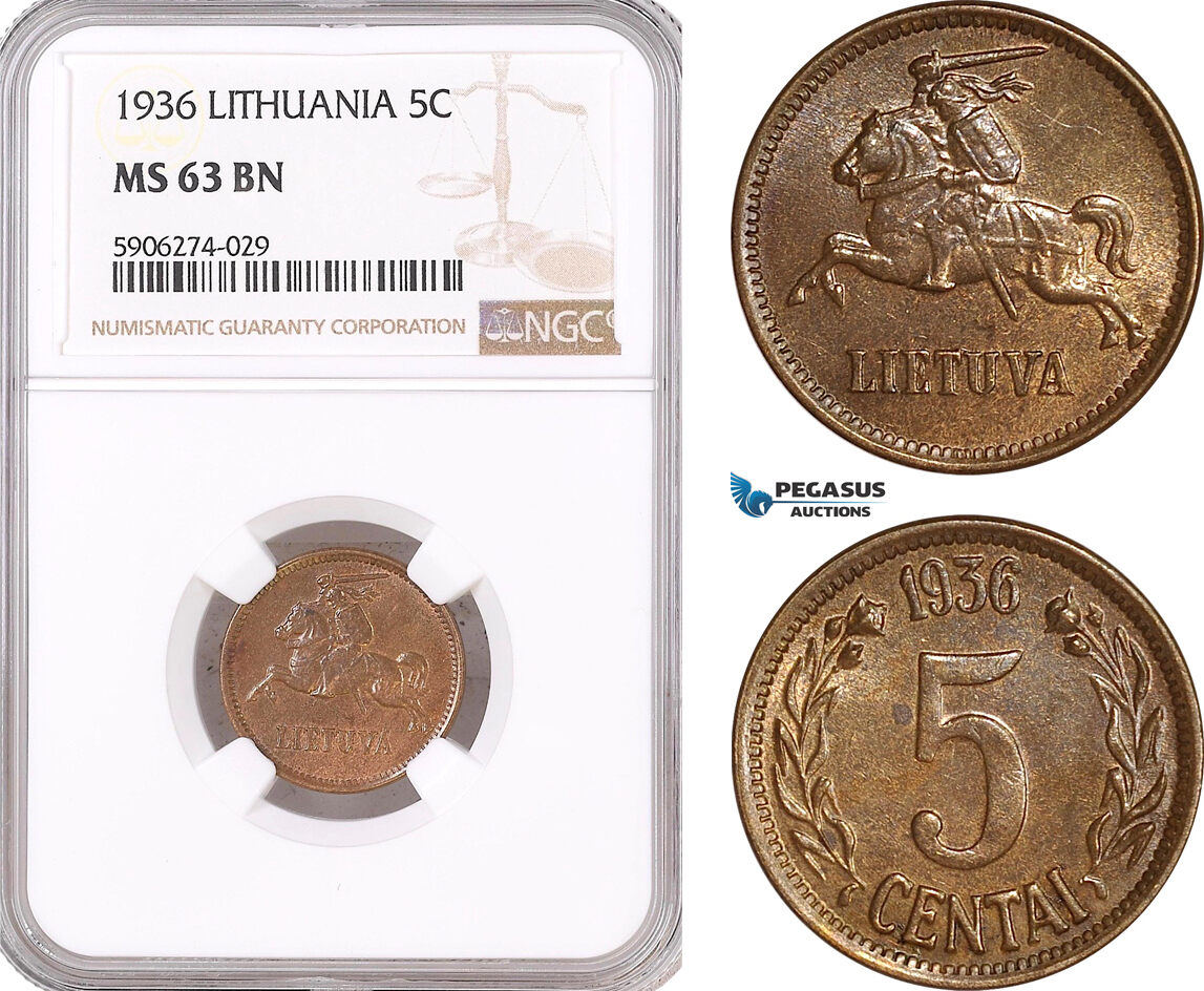Lithuania 5 Centai 1936 NGC MS63BN | MA-Shops