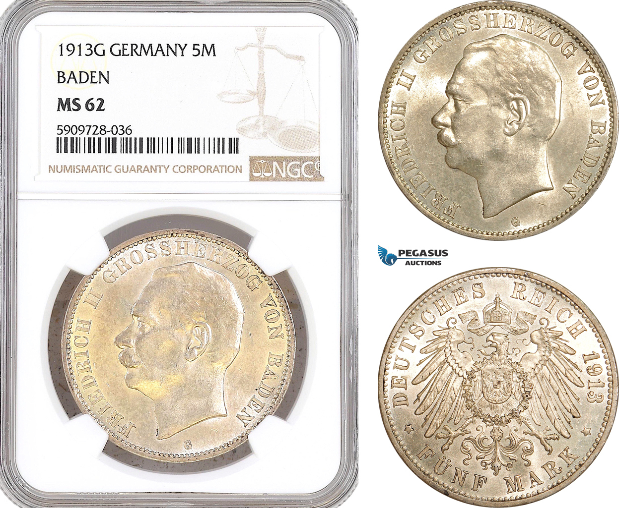 Germany 5 Mark 1913 Baden, Friedrich II NGC MS62 | MA-Shops