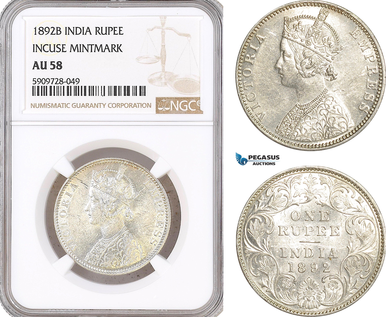 India (British) 1 Rupee 1892 Victoria NGC AU58 | MA-Shops