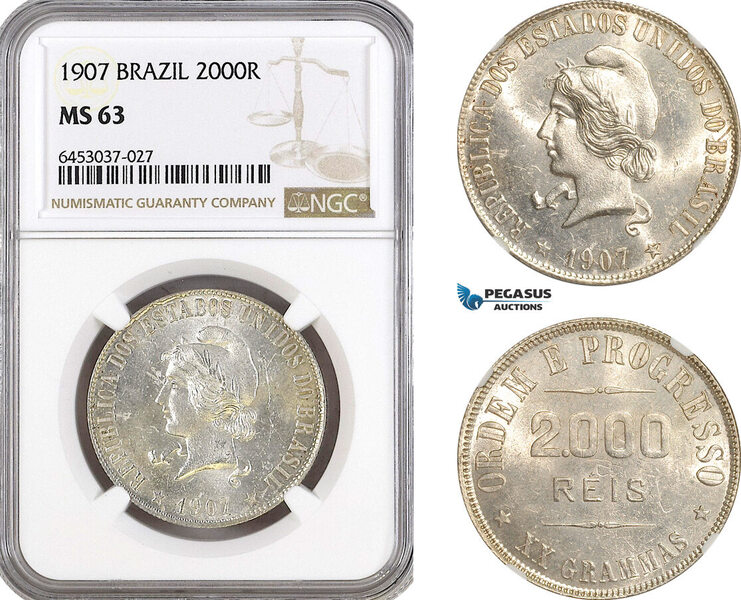 Brazil 2000 Reis 1907 NGC MS63 | MA-Shops