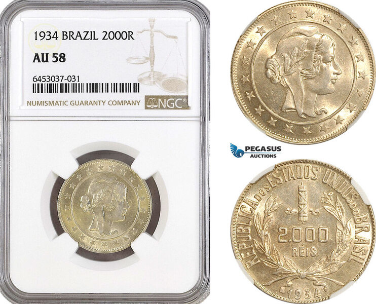 Brazil 2000 Reis 1934 NGC AU58 | MA-Shops