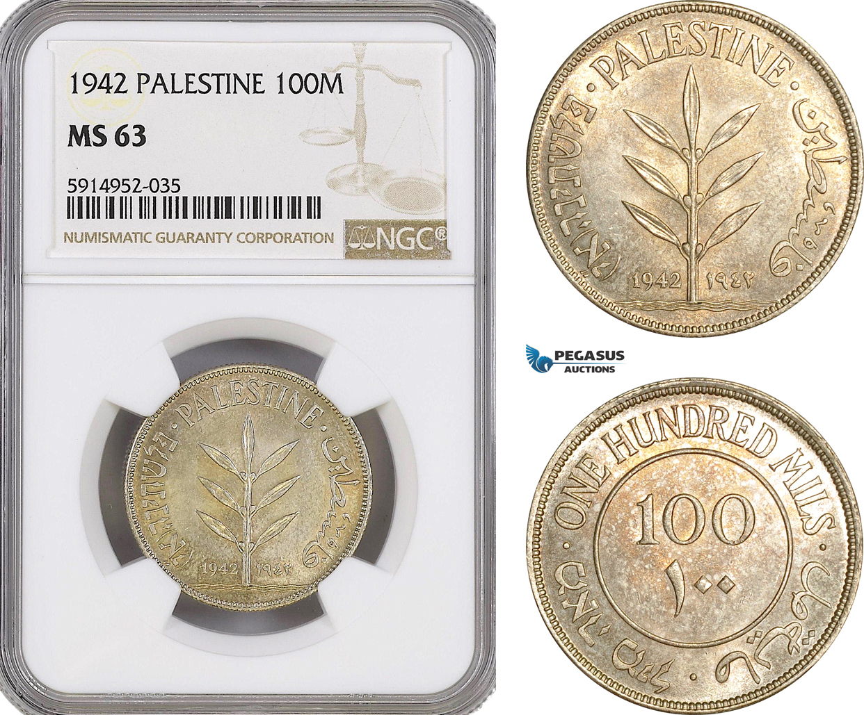 Palestine 100 Mils 1942 NGC MS63 | MA-Shops