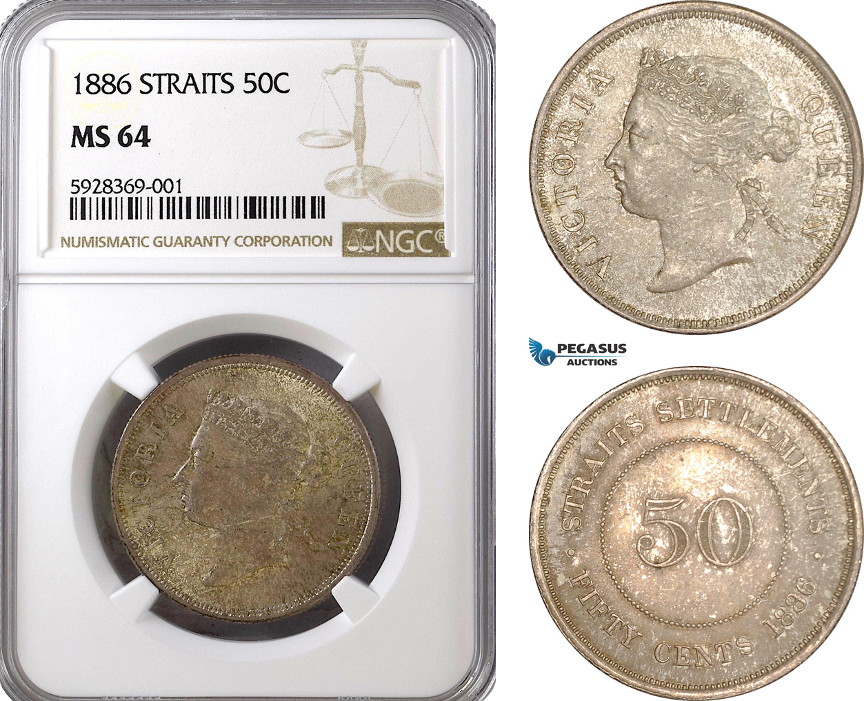 Straits Settlements 50 Cents 1886 Victoria, Top Pop, Very Rare in this condition! f.st | MA-Shops