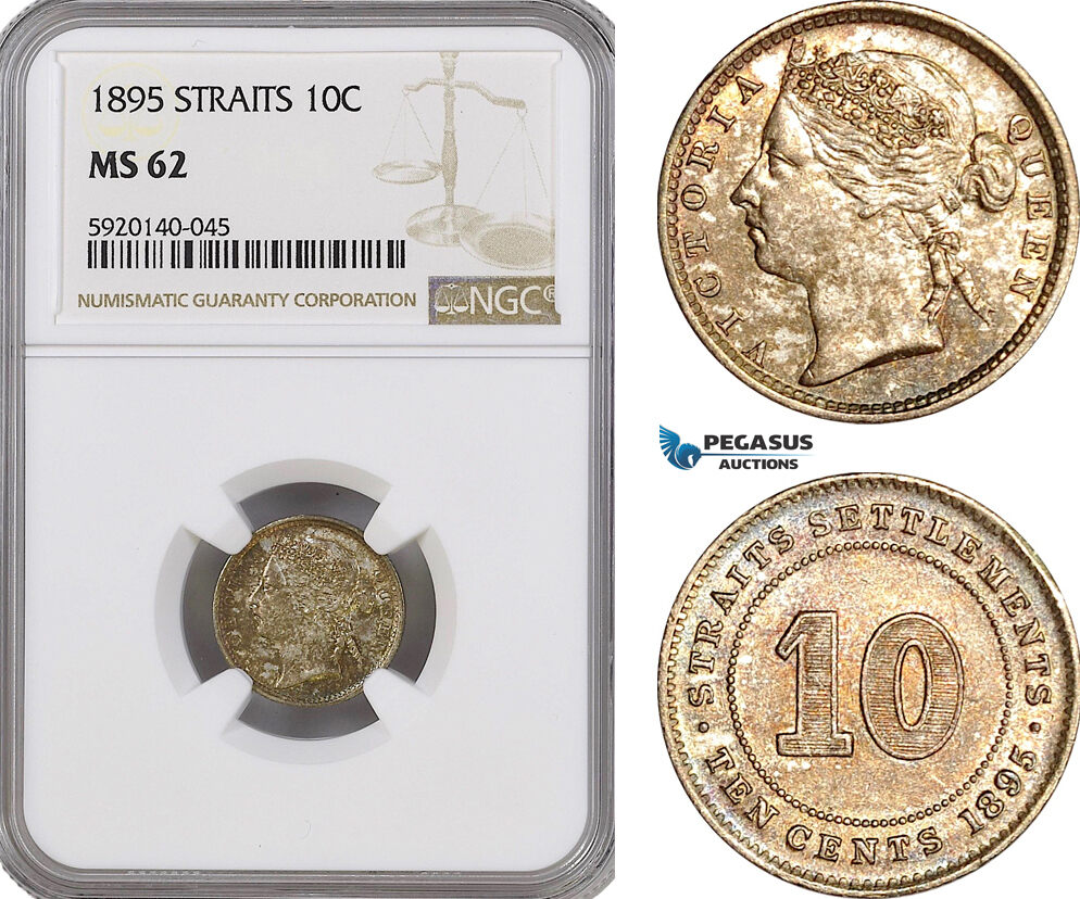 Straits Settlements 10 Cents 1895 Victoria NGC MS62 | MA-Shops