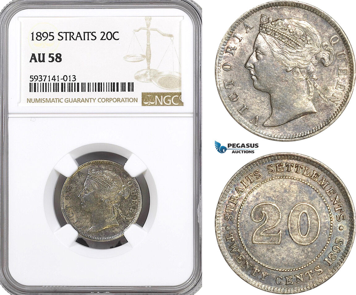 Straits Settlements 20 Cents 1895 Victoria NGC AU58 | MA-Shops