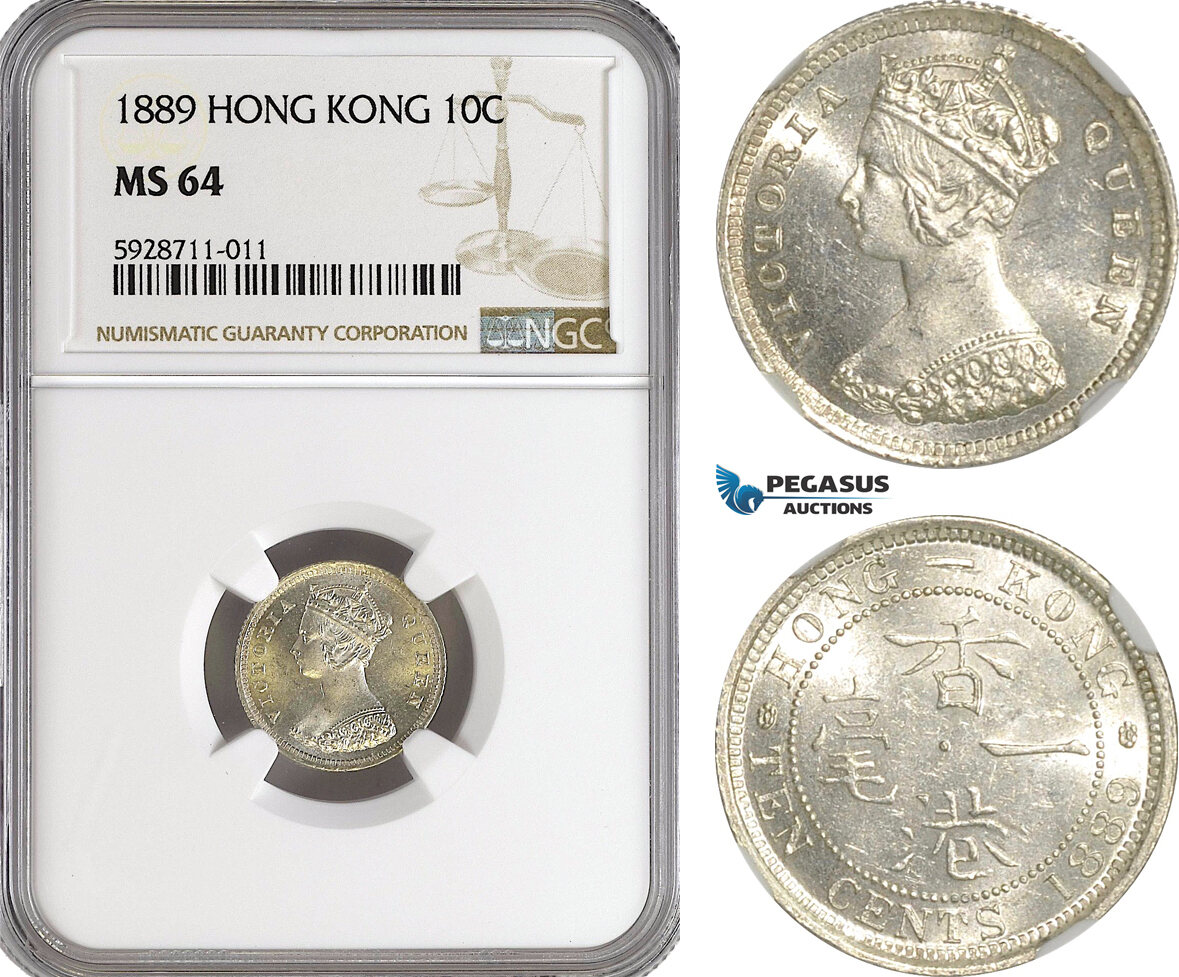 Hong Kong 10 Cents 1889 Victoria NGC MS64 | MA-Shops