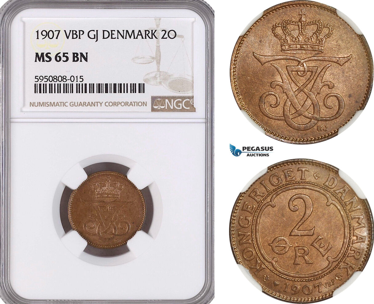 Denmark 2 Ore 1907 Frederik VIII NGC MS65BN | MA-Shops