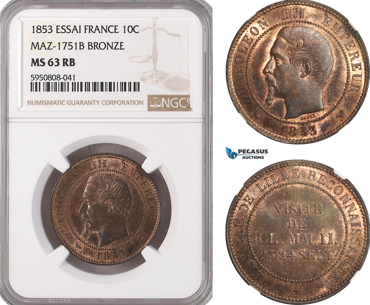 France 10 Centimes 1853 Napoleon III, Visit to Mint NGC MS63BN | MA-Shops