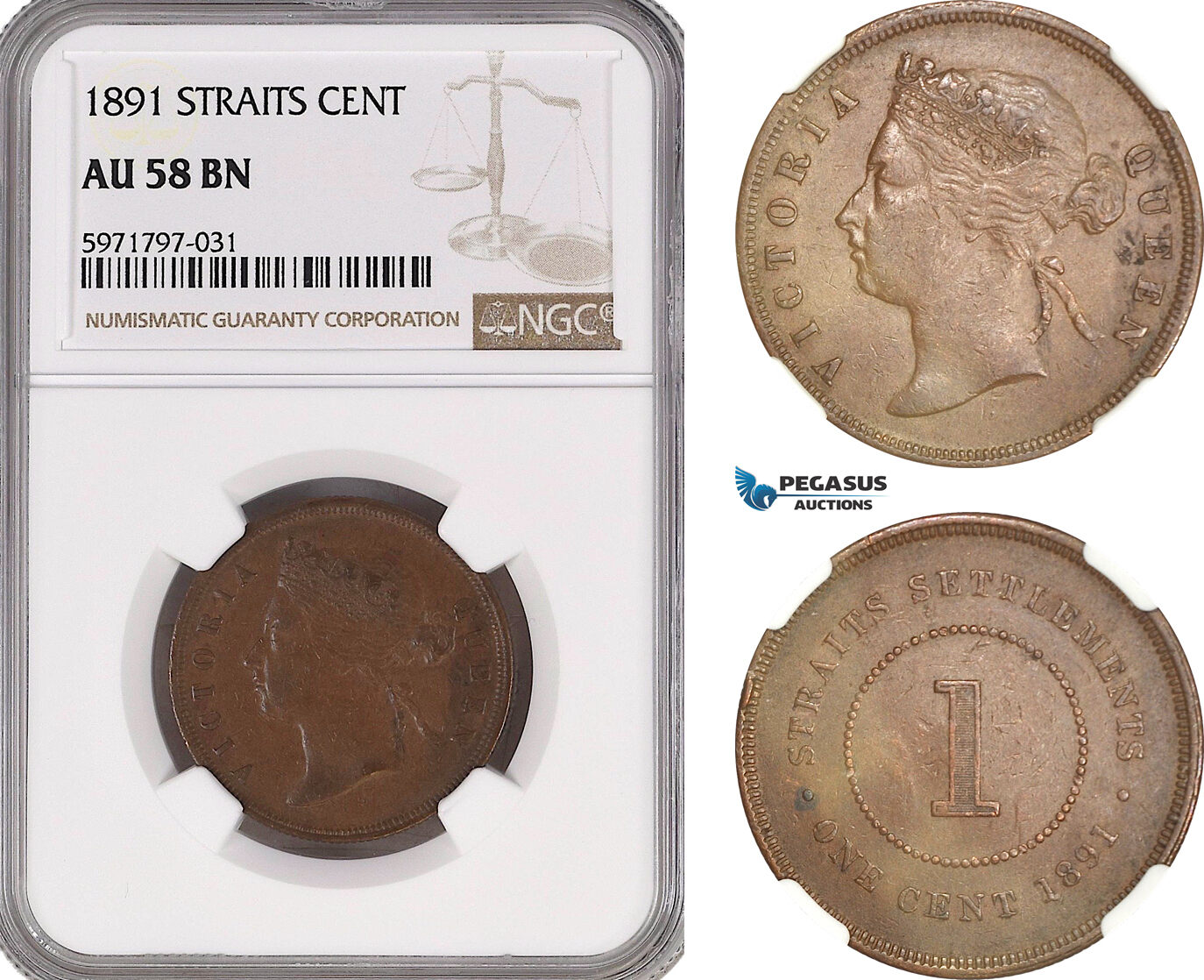 Straits Settlements 1 Cent 1891 NGC AU58BN | MA-Shops