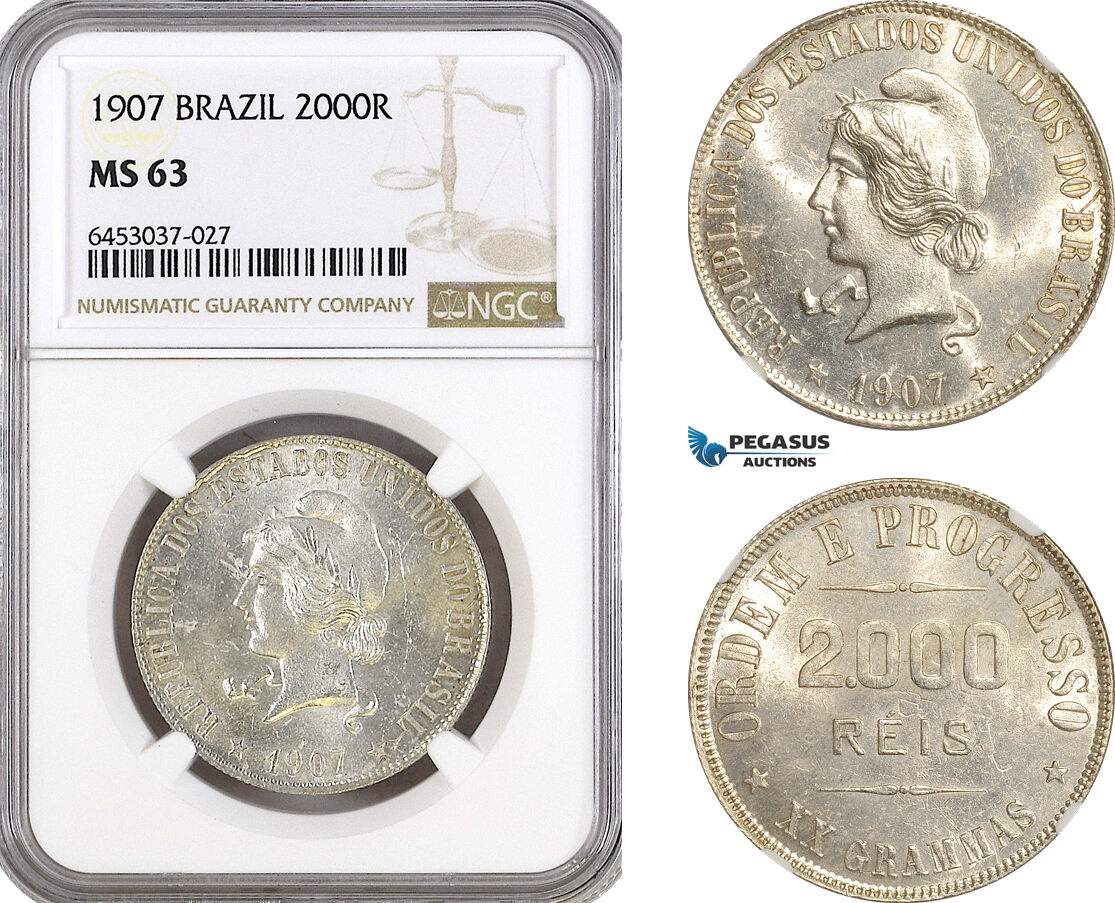 Brazil 2000 Reis 1907 NGC MS63 | MA-Shops