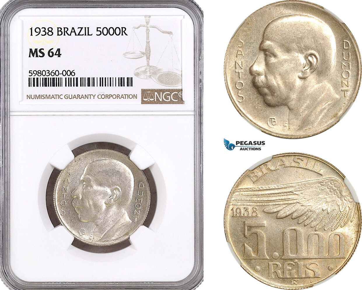 Brazil 5000 Reis 1938 NGC MS64 | MA-Shops