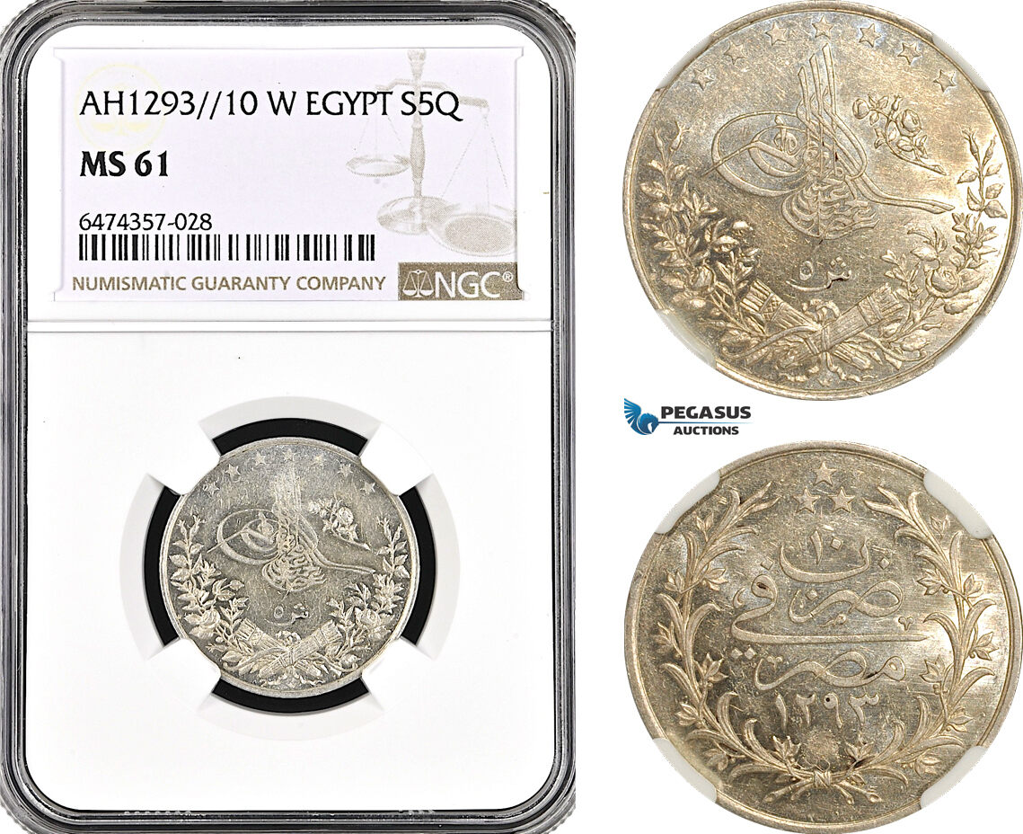 Egypt 5 Qirsh AH1293//10 W NGC MS61 | MA-Shops