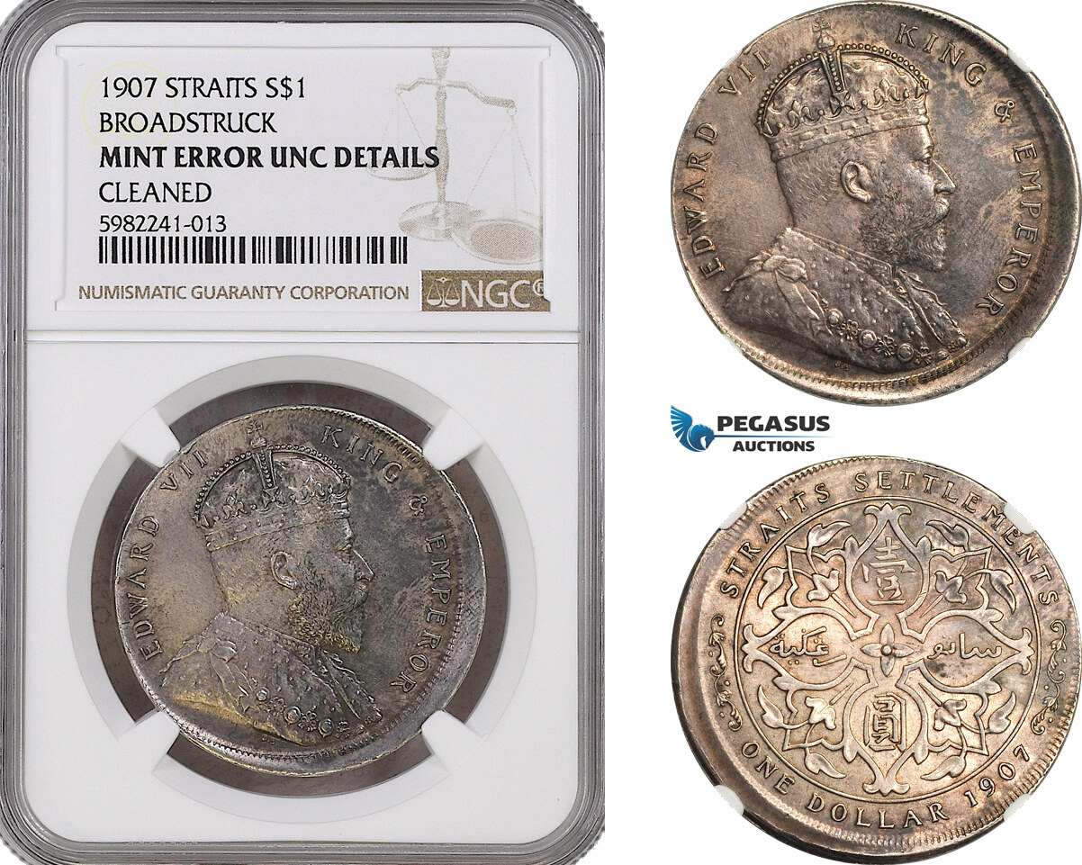 Straits Settlements 1 Dollar 1907 NGC UNC Details Mint Error | MA-Shops