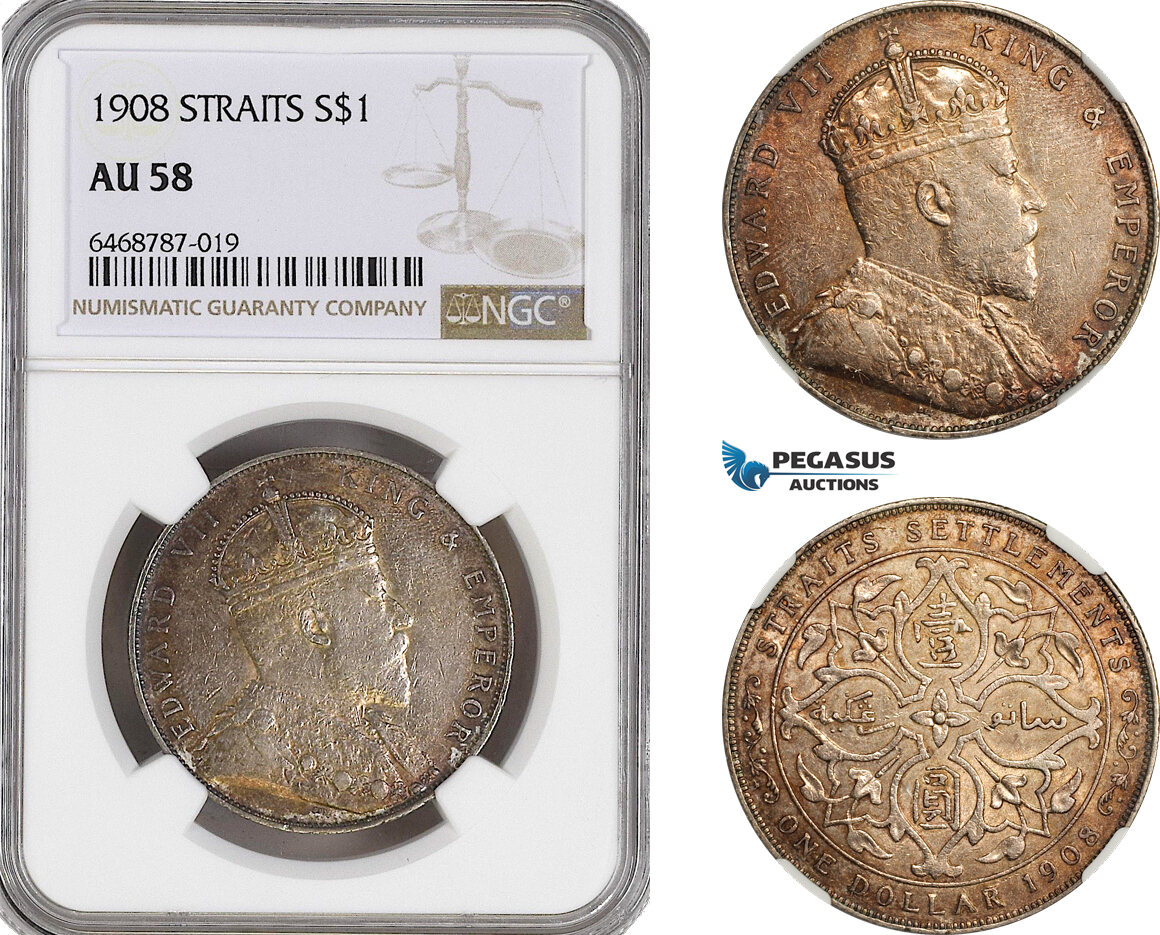 Straits Settlements 1 Dollar 1908 NGC AU58 | MA-Shops