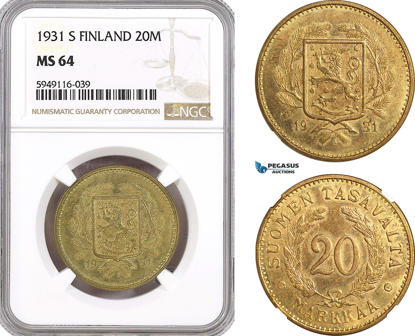 Finland 20 Markkaa 1931 NGC MS64, Top Pop | MA-Shops