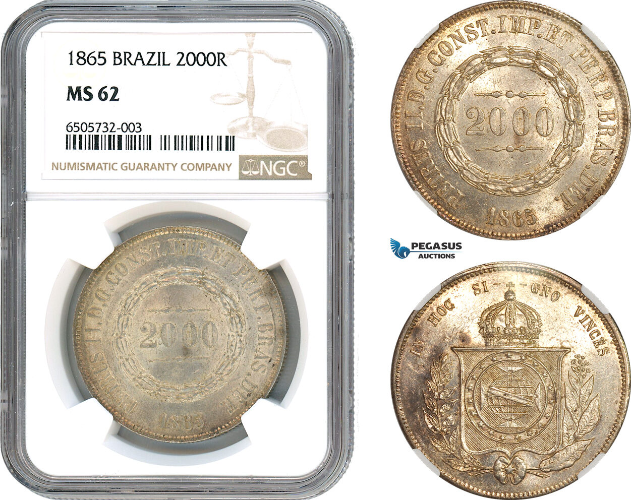 Brazil 2000 Reis 1865 NGC MS62 | MA-Shops