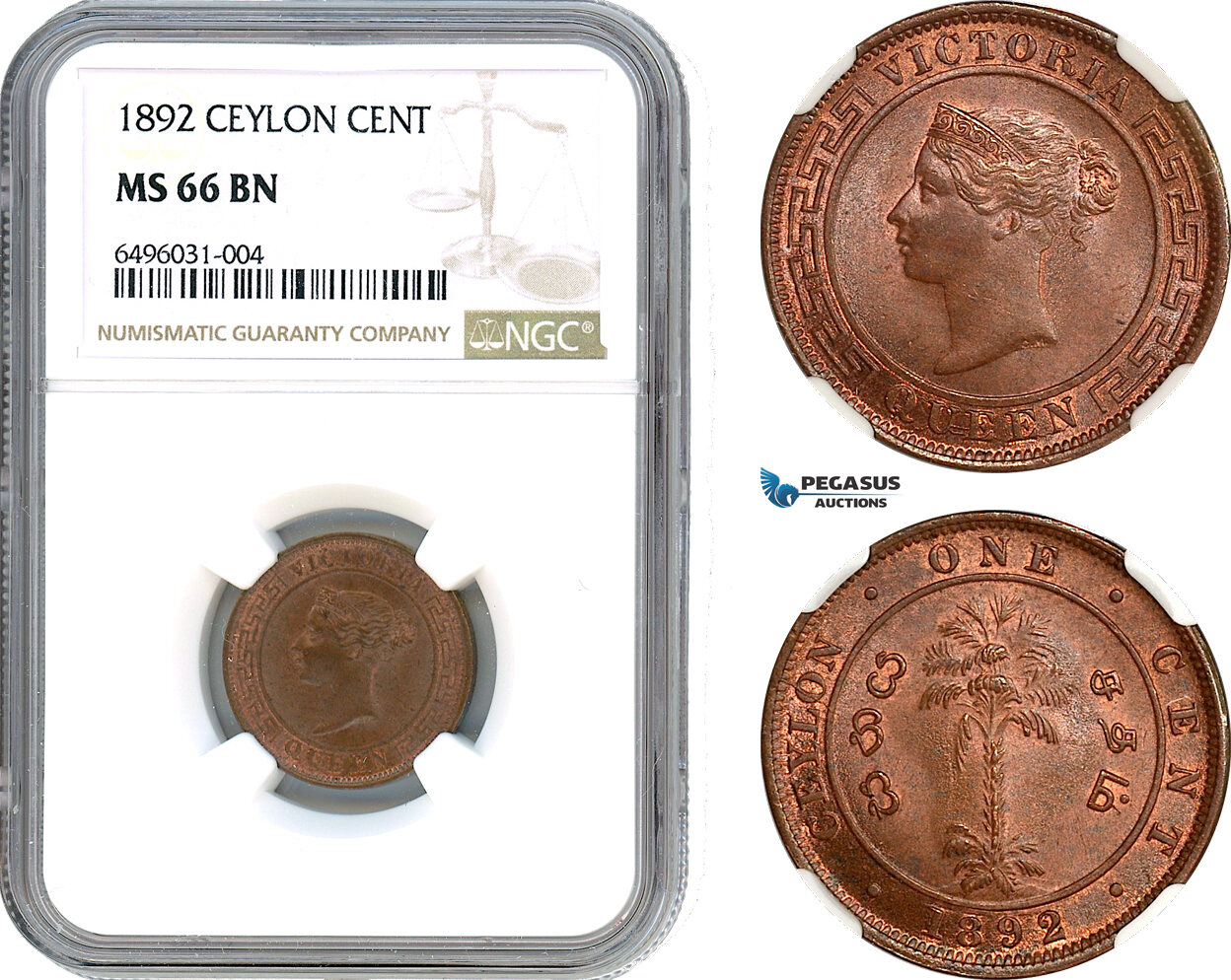 Ceylon 1 Cent 1892 NGC MS66BN, Top Pop | MA-Shops