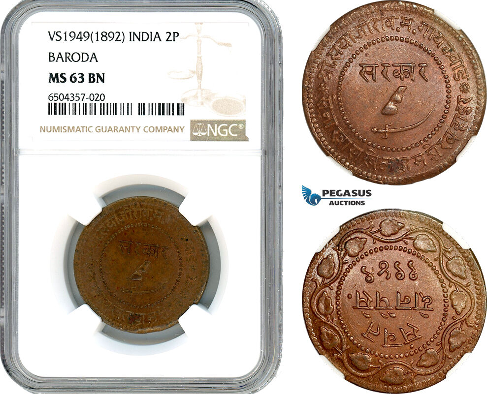 India, Baroda 2 Paisa 1892 NGC MS63BN | MA-Shops