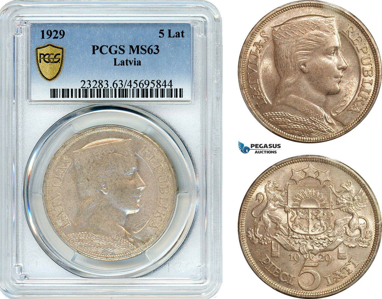 Latvia 5 Lati 1929 PCGS MS63 | MA-Shops