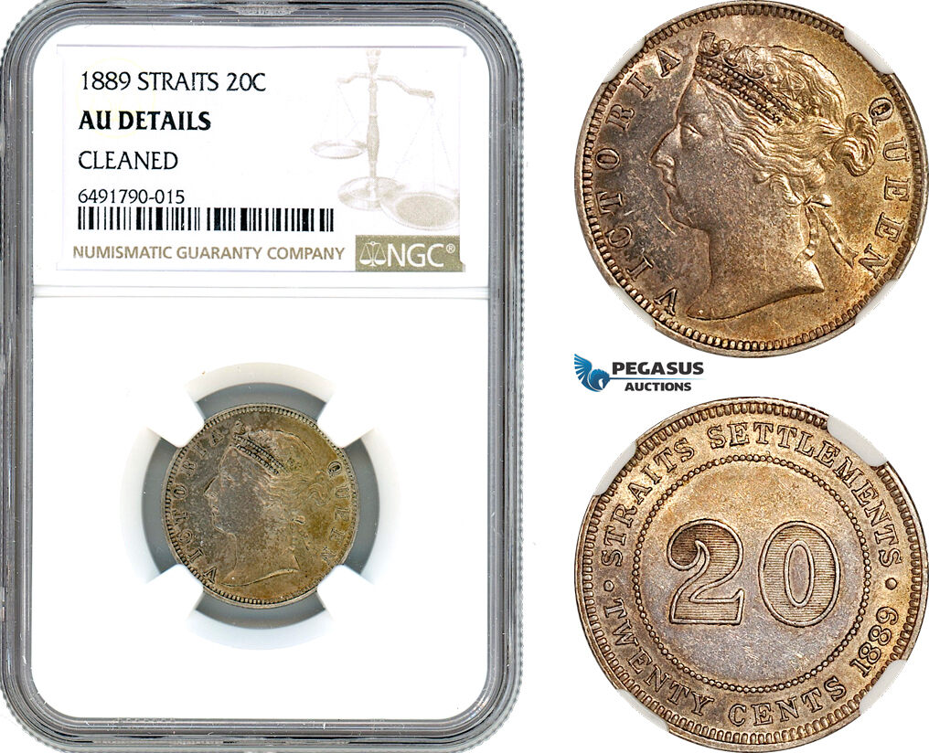 Straits Settlements 20 Cents 1889 NGC AU Details | MA-Shops