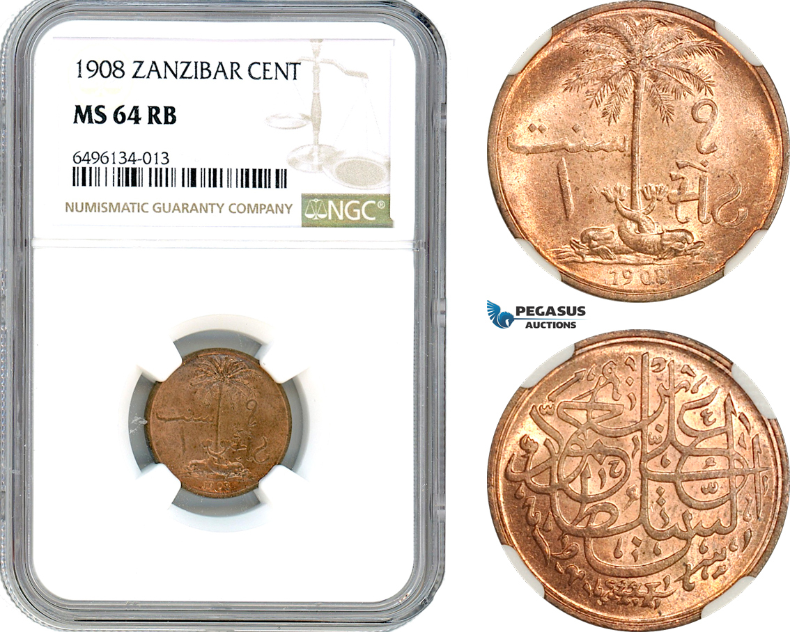 Zanzibar, British Protectorate 1 Cent 1908 NGC MS64RB | MA-Shops